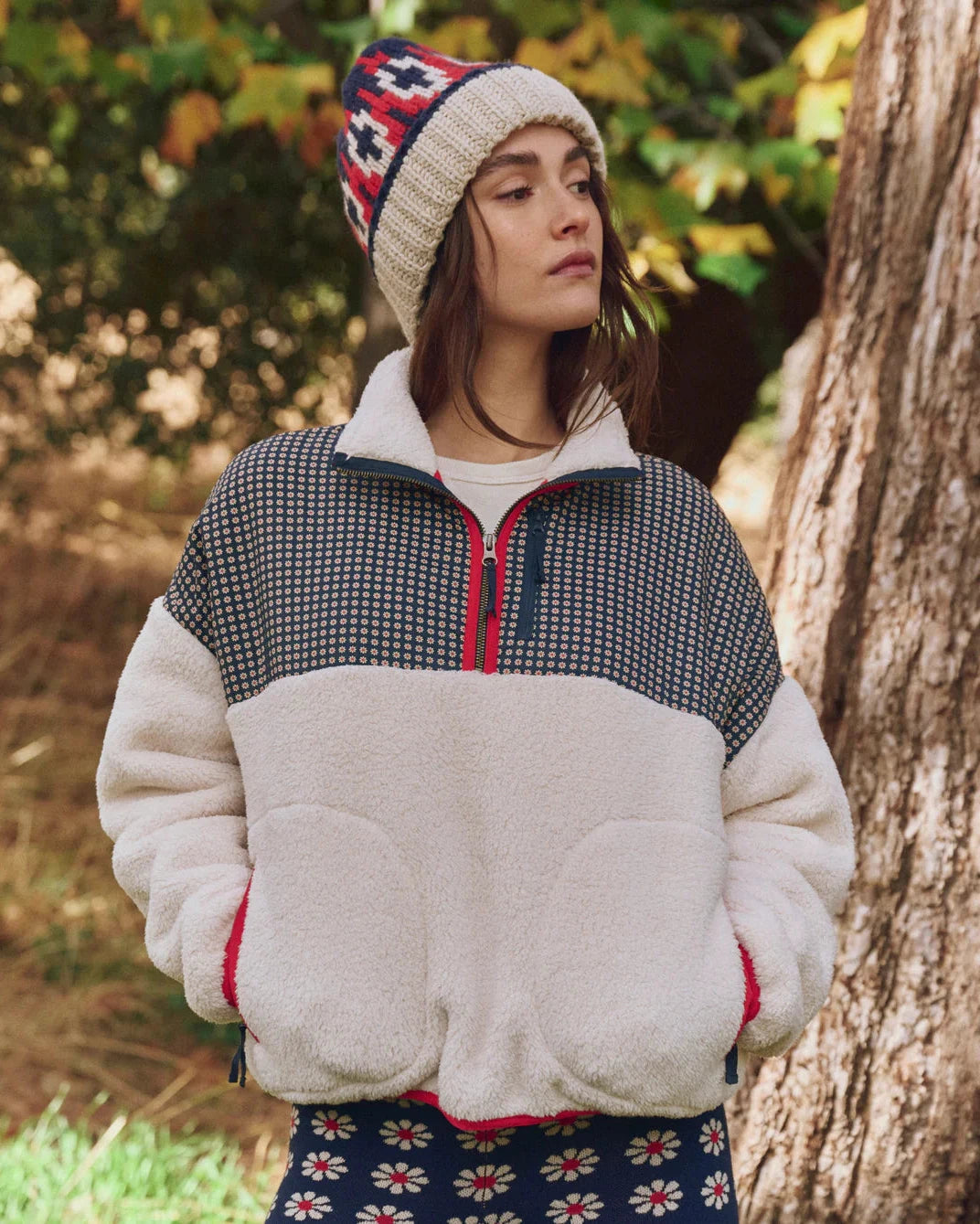 The Great. The Print-Mix Plush Terrain Half-Zip in Mini Frosted Daisy ...